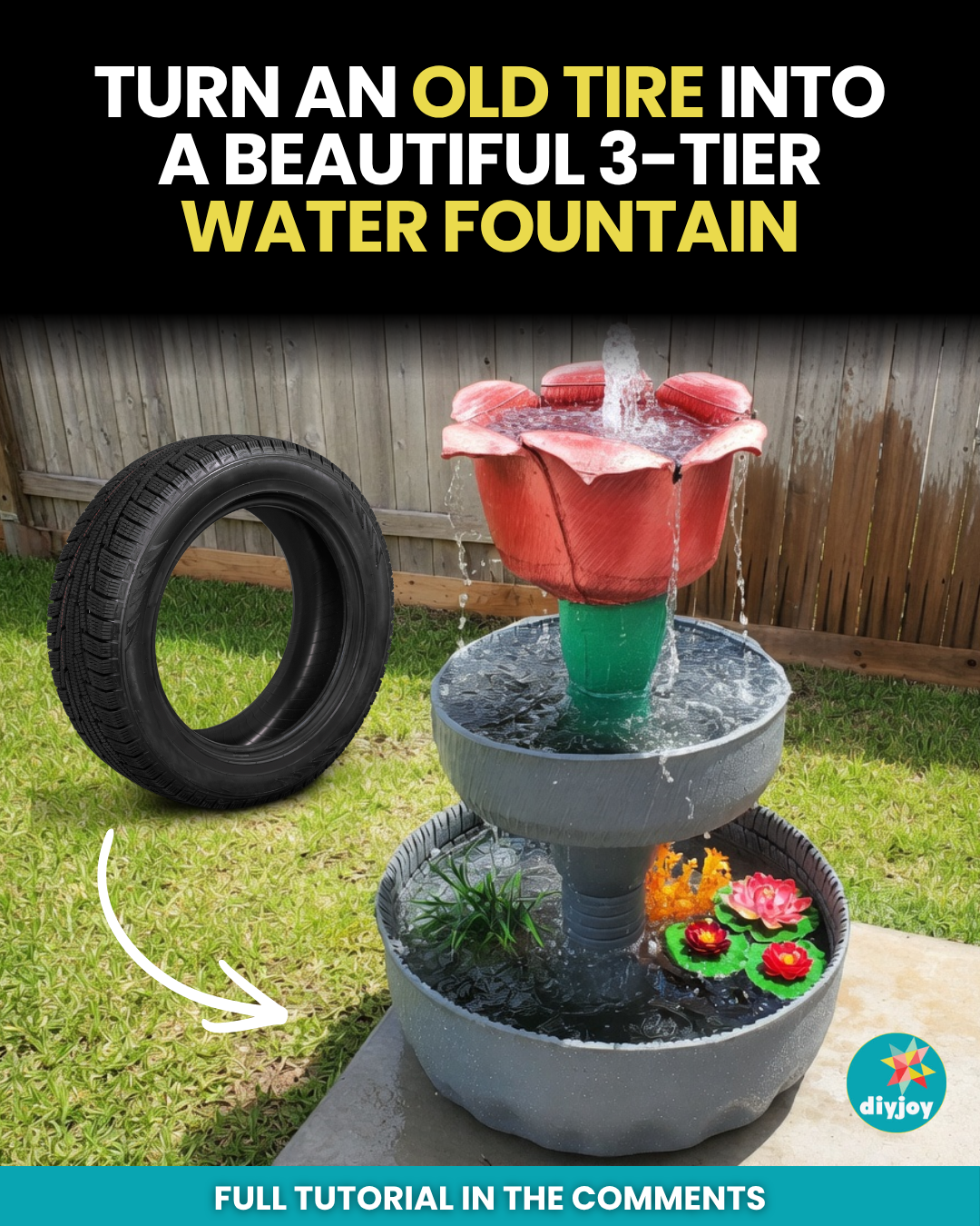 Easy 3-Tier Water Fountain Using an Old Tire - DIY Joy