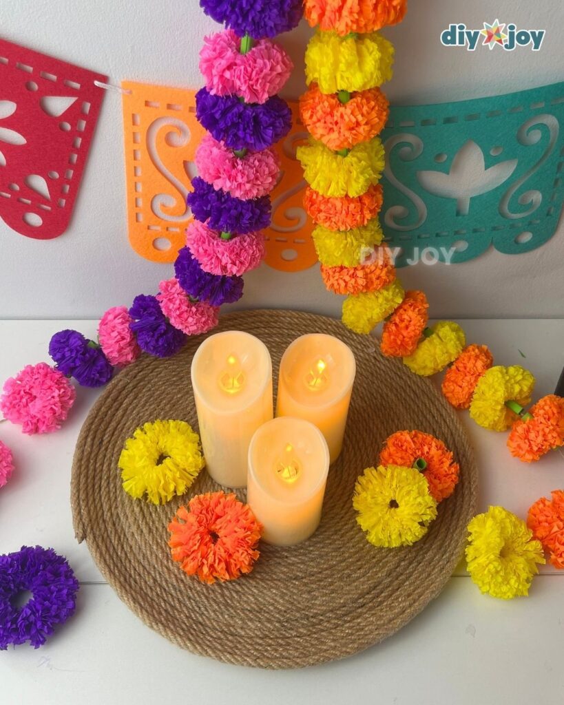 Marigold Garland Using Crepe Paper Streamers - DIY Joy
